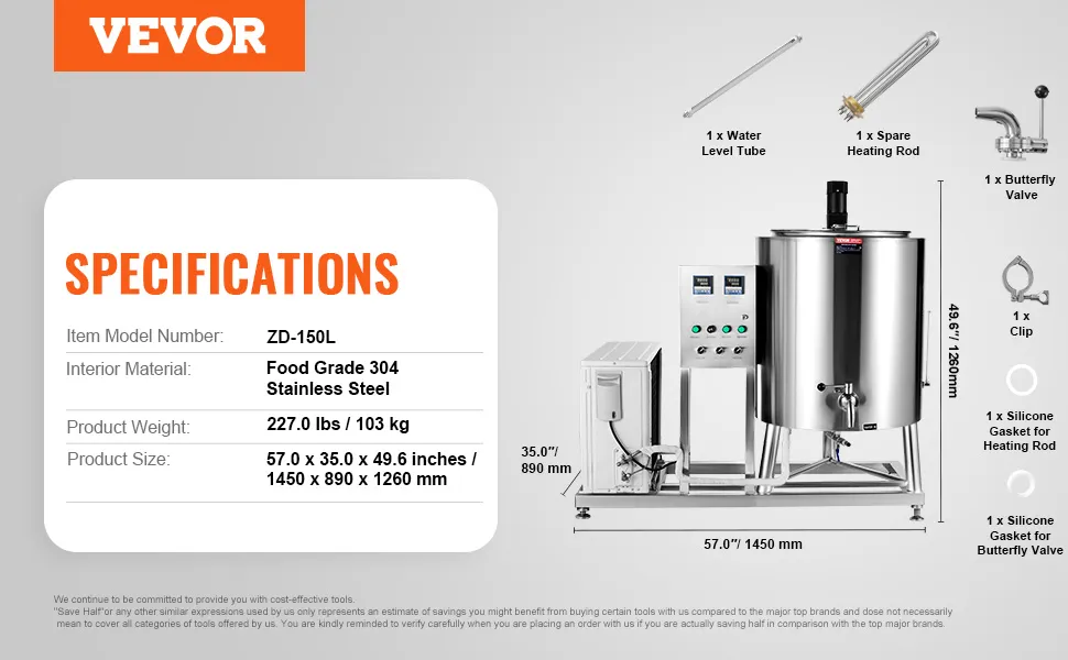 VEVOR Milk Pasteurizer 150L, Commercial Milk Pasteurization Machine, Food Grade 304 Stainless ...