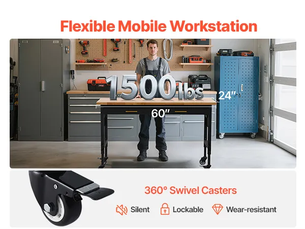 VEVOR Workbench with Rollers – 60" Adjustable Table