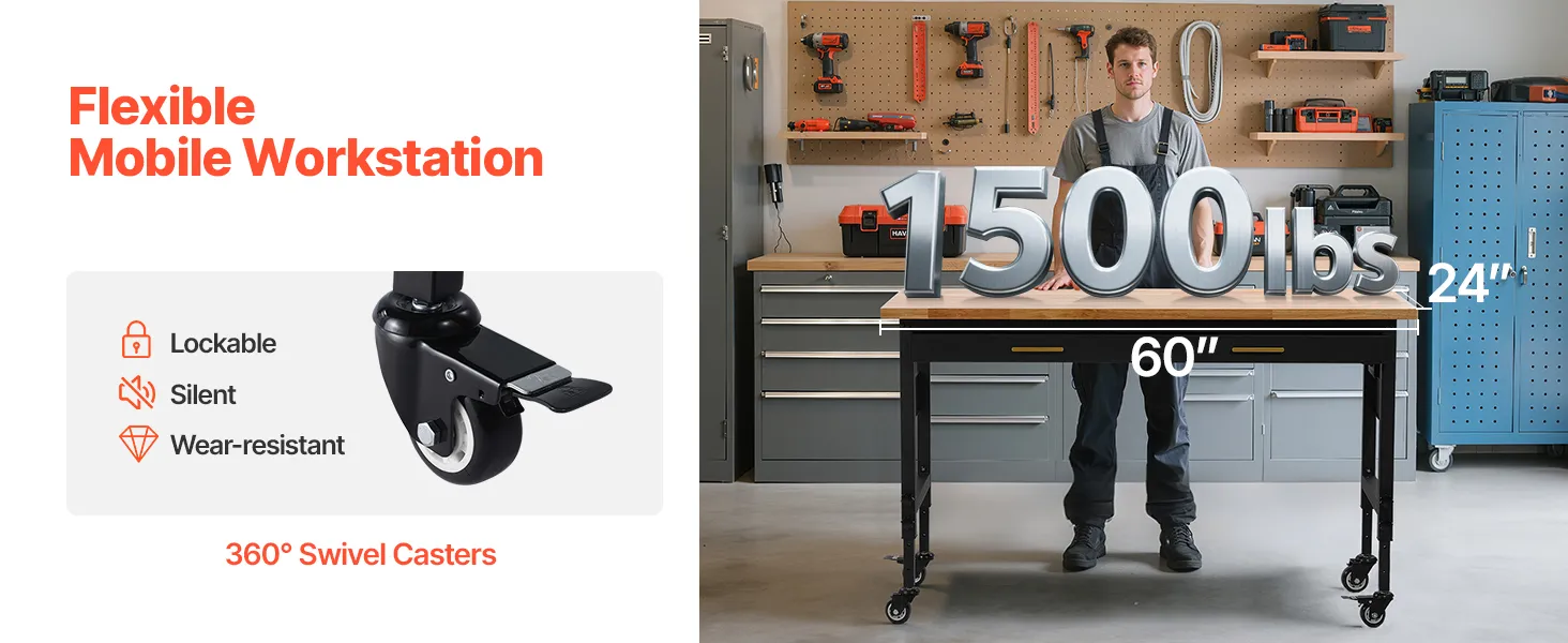 VEVOR Workbench with Rollers – 60" Adjustable Table