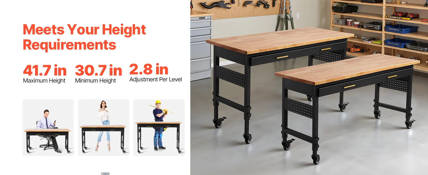 VEVOR Workbench with Rollers – 60" Adjustable Table