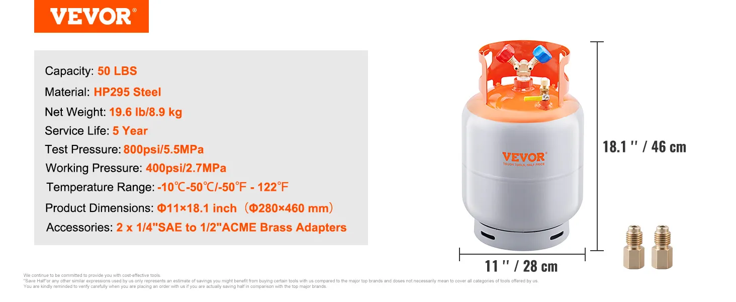 VEVOR Refrigerant Recovery Reclaim 50lb Cylinder Tank 400 PSI liquid ...