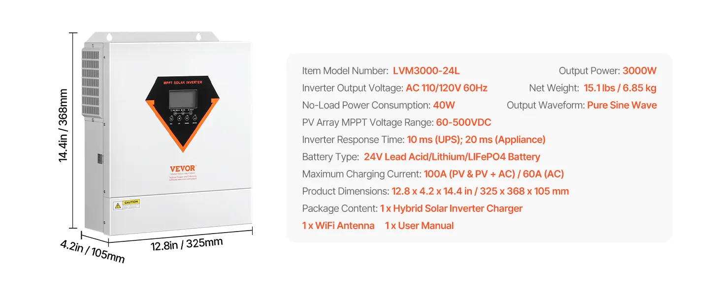 VEVOR Hybrid Solar Inverter, 3000W, All in One Pure Sine Wave Power ...