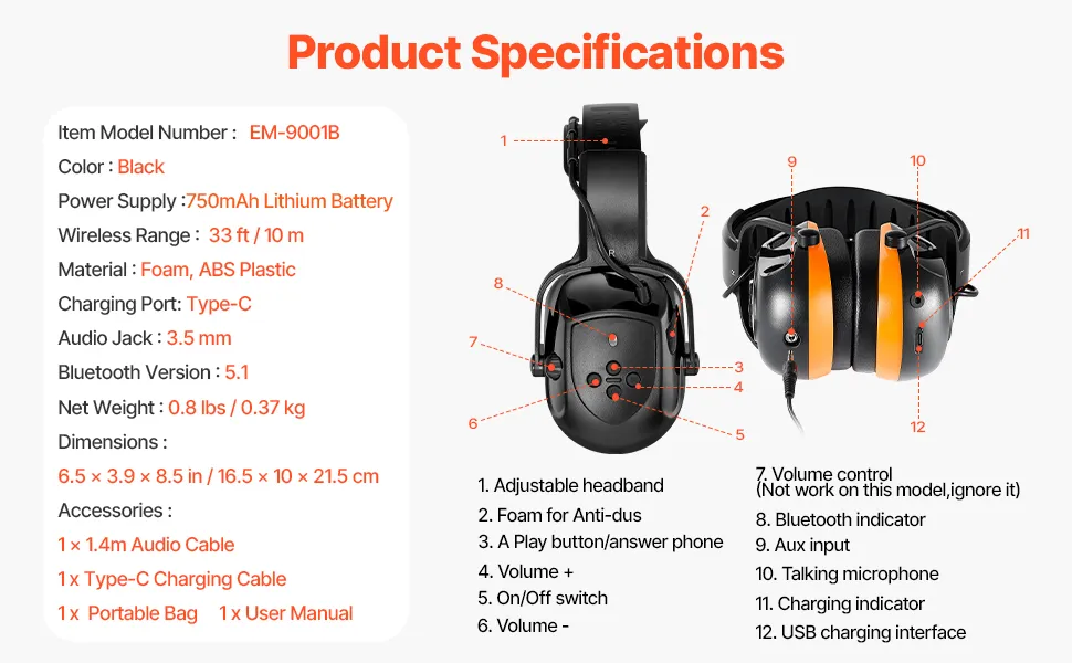 VEVOR Safety Earmuffs Bluetooth Hearing Protection Ear Muffs Noise ...