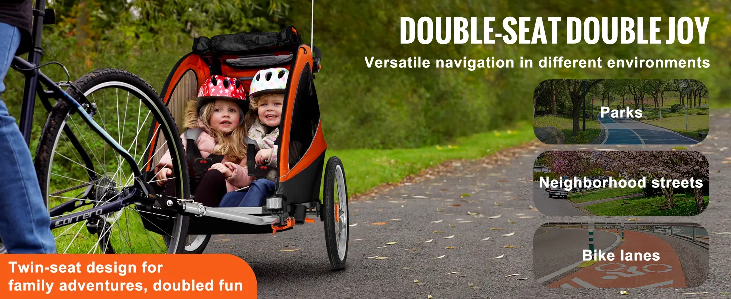 VEVOR Bike Trailer for Toddlers, Kids, Double Seat, 100 lbs Load, 2-In ...