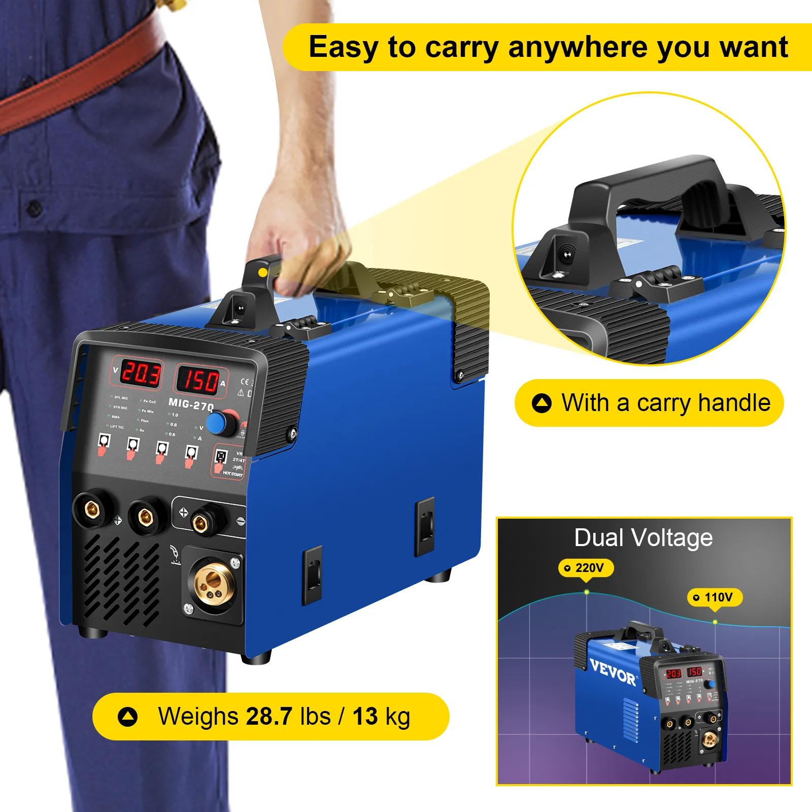 VEVOR MIG Welder, 270A Welding Machine, 3 in 1 Combo MMA/MIG/LIFT TIG ...