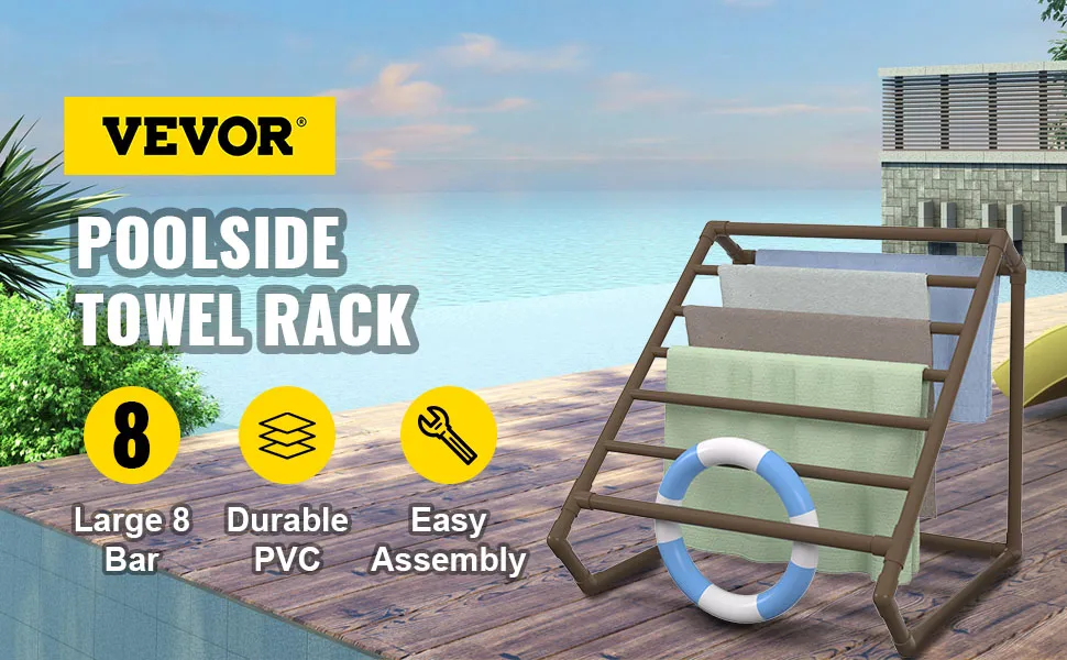 VEVOR Pool Towel Rack, 8 Bar, Brown, Freestanding Outdoor PVC ...