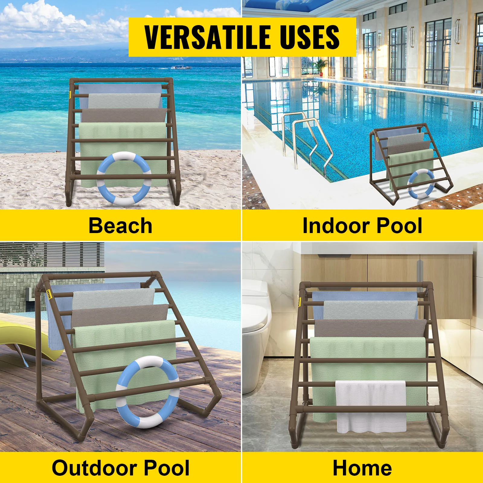 VEVOR Pool Towel Rack, 8 Bar, Brown, Freestanding Outdoor PVC ...