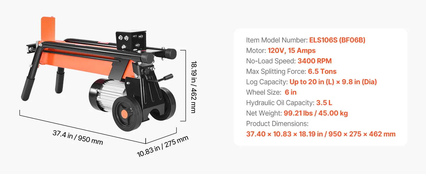 VEVOR Electric Log Splitter, 6.5 Tons Electric Wood Splitter, 1500W 15 ...