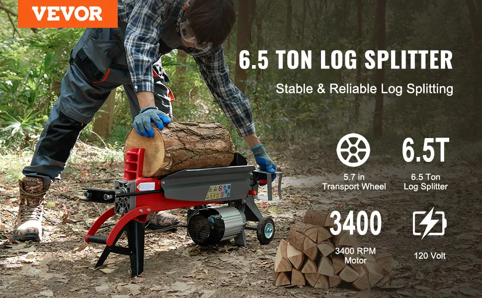 VEVOR 6.5T Force Electric Log Splitter 3400 RPM Log Splitter with 1.75 HP Motor | VEVOR US