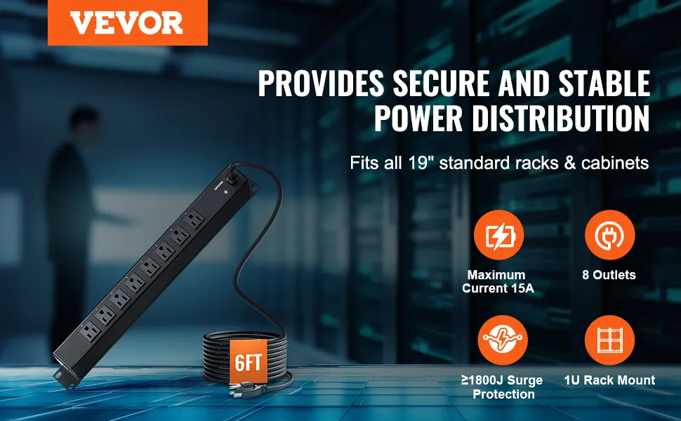 VEVOR 19" 1U PDU 8 Outlets Rack Mount Power Strip Surge Overload ...