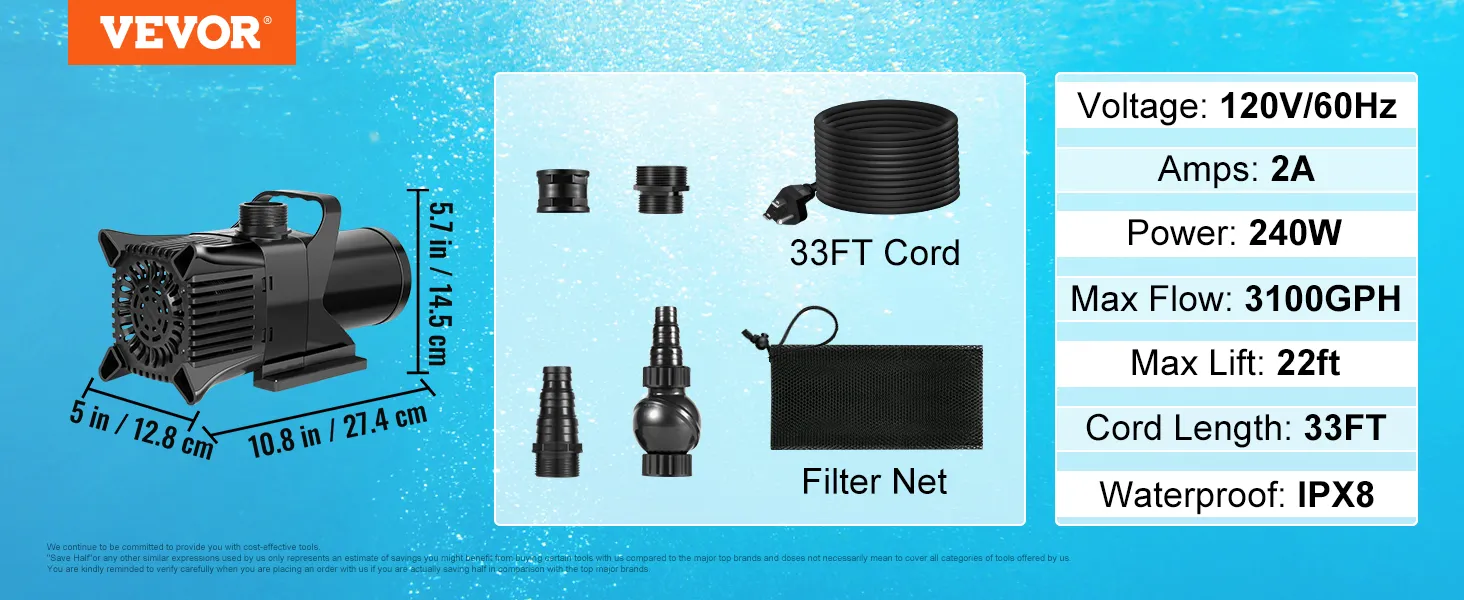 VEVOR Submersible Water Pump 3100GPH Pond Pump 22FT 240W for Waterfall ...