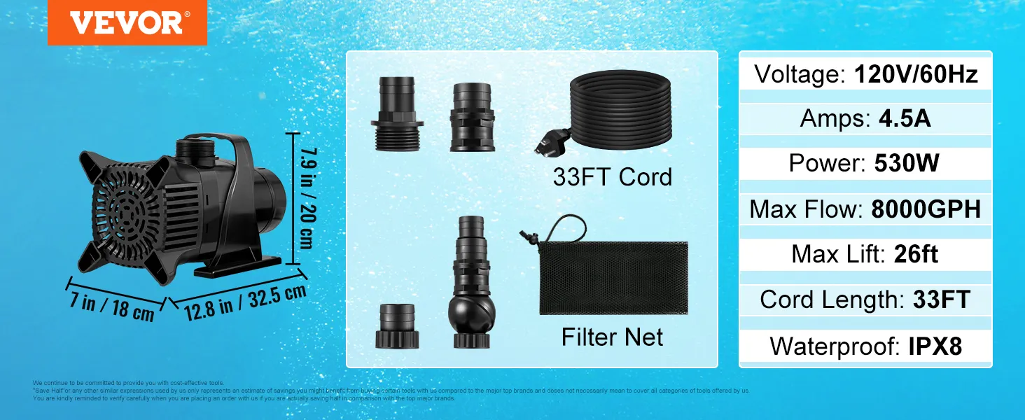 VEVOR Submersible Water Pump 8000GPH Pond Pump 26FT 530W for Waterfall ...