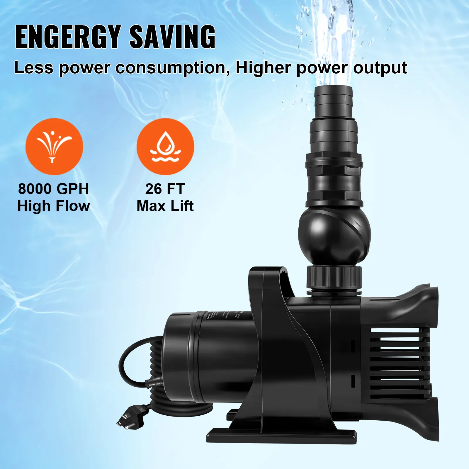 VEVOR Submersible Water Pump 8000GPH Pond Pump 26FT 530W for Waterfall ...