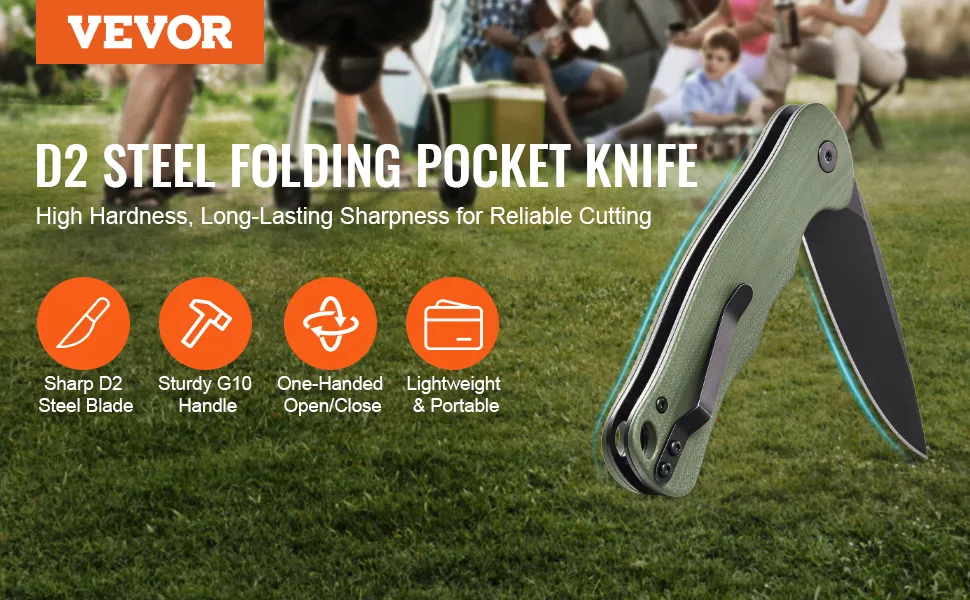 VEVOR Folding Pocket Knife, 3.5 in/8.8 cm D2 Steel Blade, G10 Handle ...