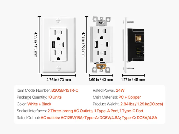 VEVOR USB Wall Outlet – 24W, Type C & A Ports, 2 AC, White