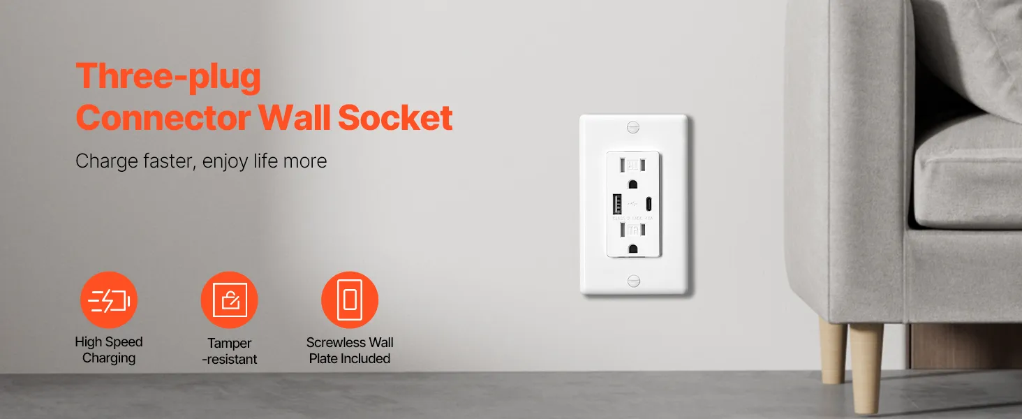 VEVOR USB Wall Outlet – 24W, Type C & A Ports, 2 AC, White