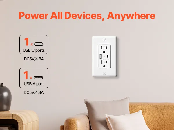 VEVOR USB Wall Outlet – 24W, Type C & A Ports, 2 AC, White