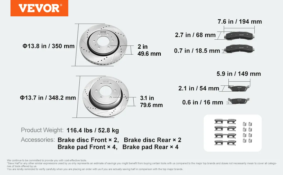 VEVOR Drilled Slotted Front&Rear Brake Rotors Pads Kit for 2012-2020 ...