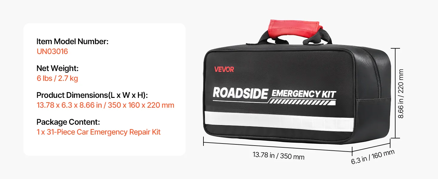 VEVOR Roadside Emergency Kit for Car – 31-Piece, 12 ft Cable