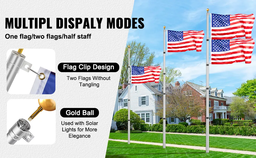 VEVOR 20FT Telescoping Flag pole Kit, Heavy Duty Aluminum Alloy in ...