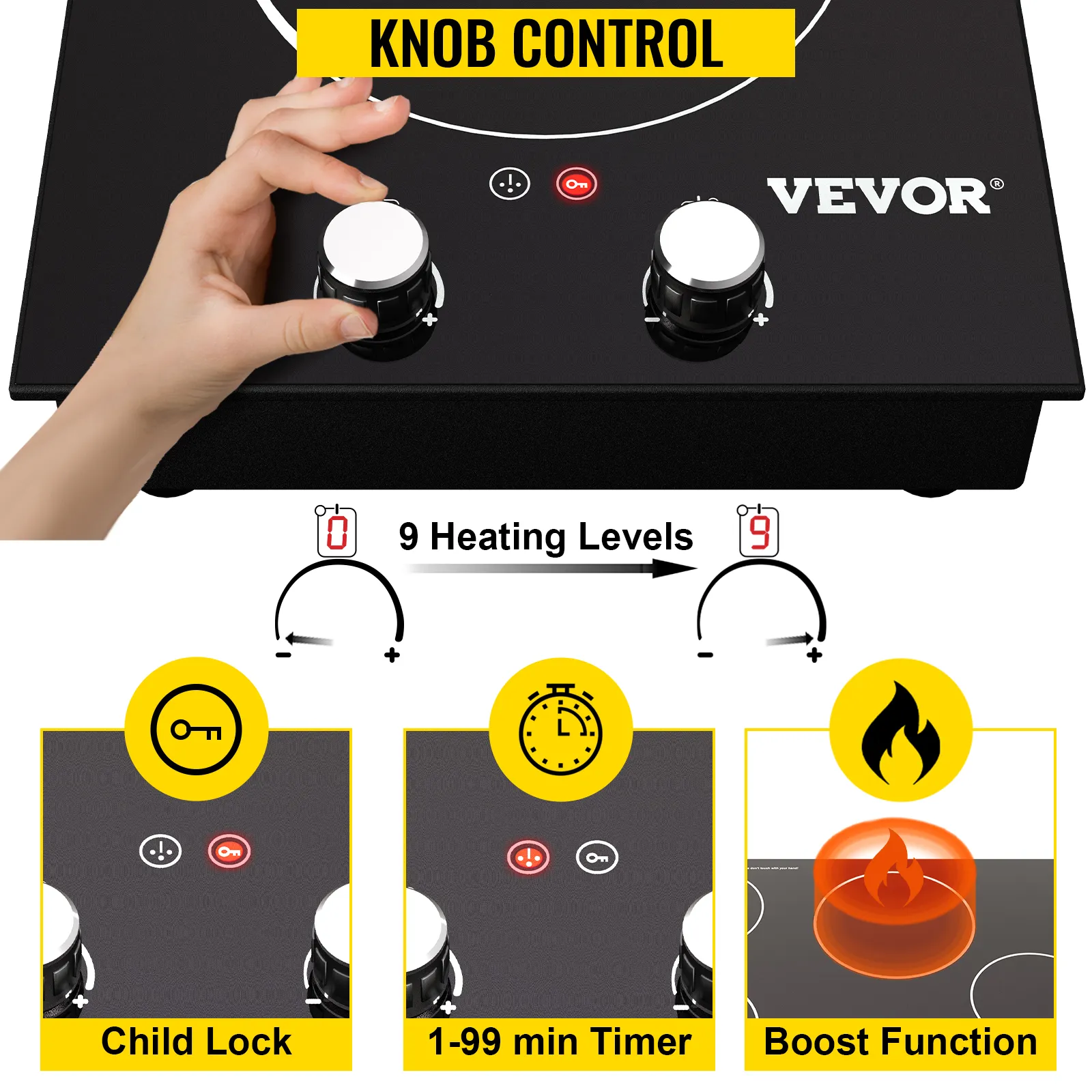 VEVOR Built-in Induction Cooktop, 12 inch 2 Burners, 220V Ceramic Glass ...