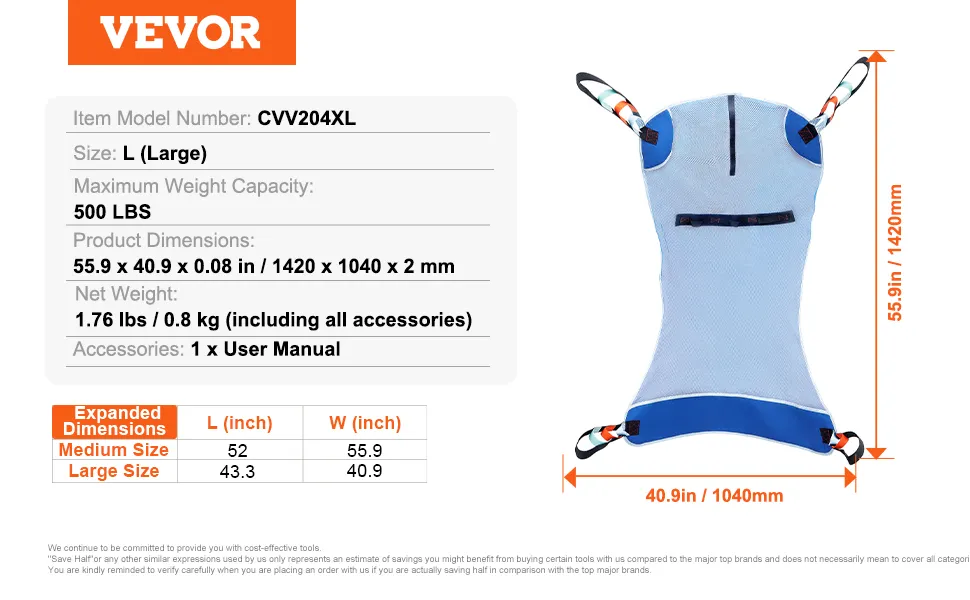 VEVOR Universal Full Body Patient Lift Sling Large Transfer Sling 500LB ...