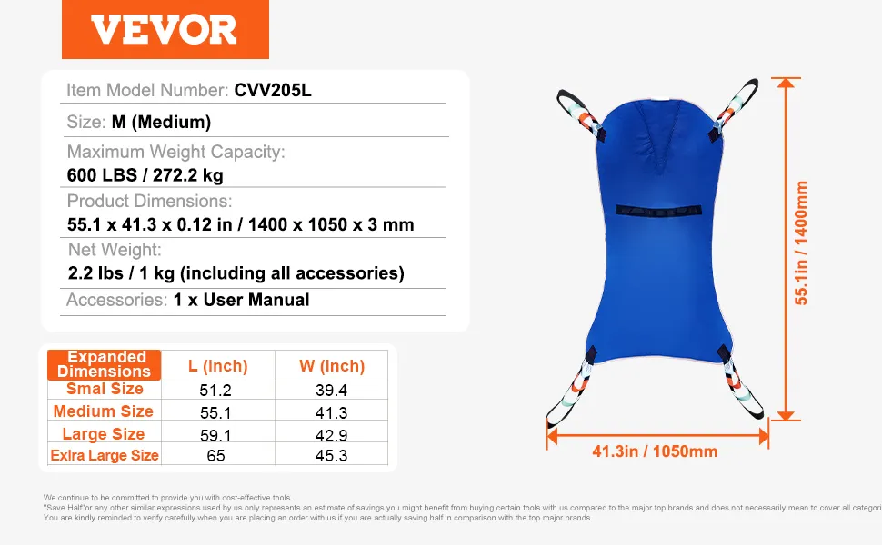 VEVOR Universal Full Body Patient Lift Sling M-Size Patient Lift ...