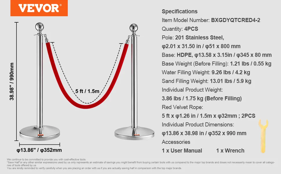 VEVOR Stanchion Post with Velvet Rope, 4-Pack Crowd Control Stanchion ...