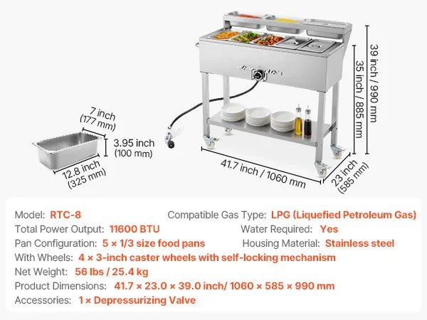 VEVOR Commercial Propane Steam Table, 5 Food Pans & 3 Condiment Pans ...