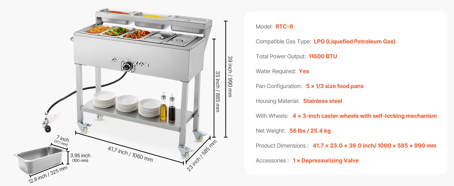 VEVOR Commercial Propane Steam Table, 5 Food Pans & 3 Condiment Pans ...
