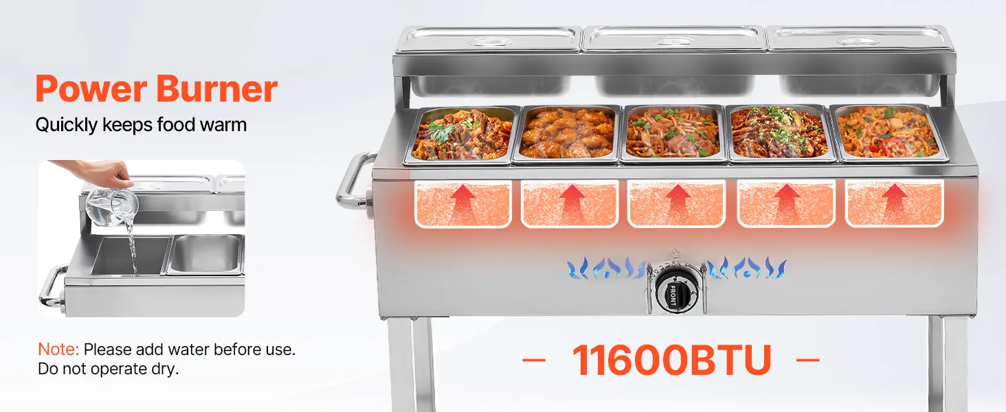 VEVOR Commercial Propane Steam Table, 5 Food Pans & 3 Condiment Pans ...