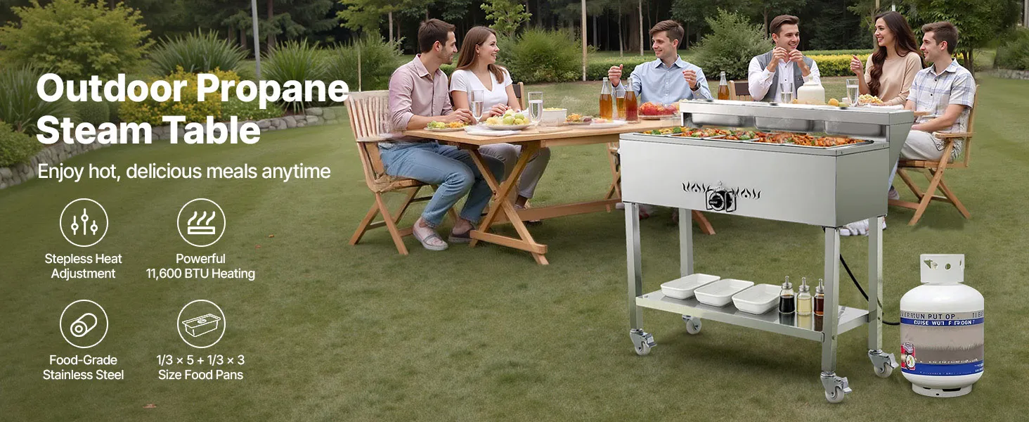 VEVOR Commercial Propane Steam Table, 5 Food Pans & 3 Condiment Pans ...