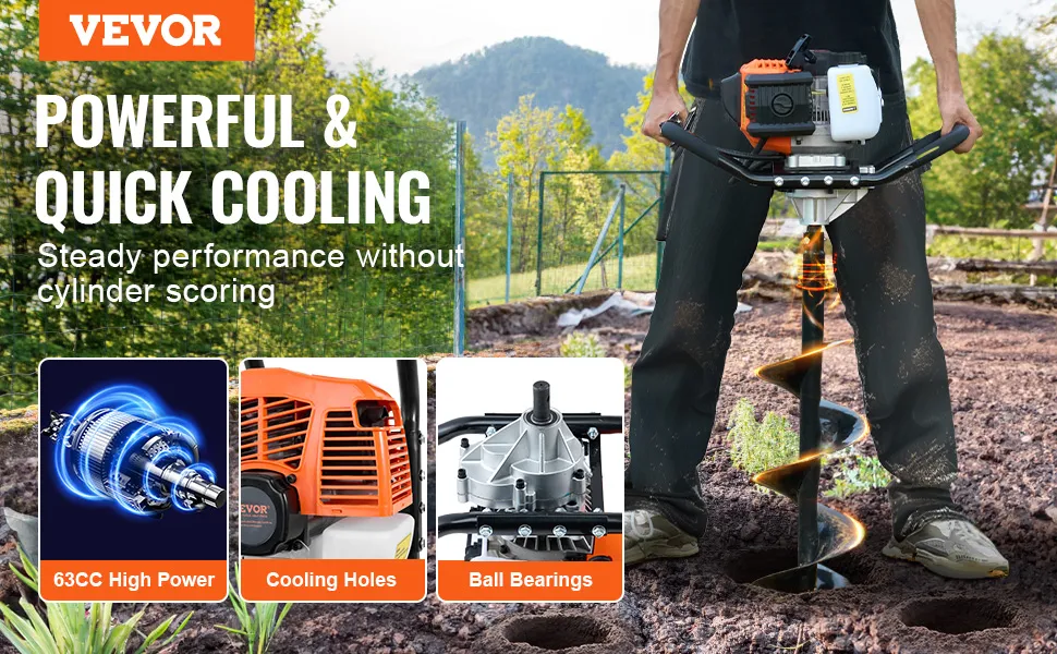 VEVOR Gas Post Hole Digger 63CC 2400W with 8” Drill Bits & 1 Extension ...