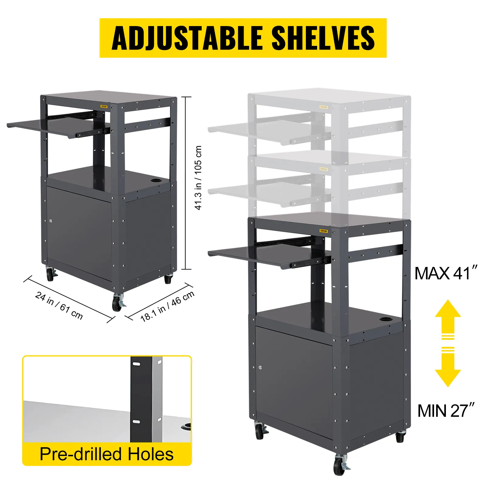 VEVOR Steel AV Cart, 27-41" Height Adjustable, Media Cart with Keyboard ...