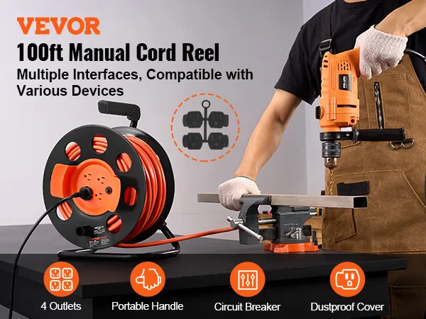 VEVOR Extension Cord Reel, 100FT, with 4 Outlets and Dust Cover, Heavy ...