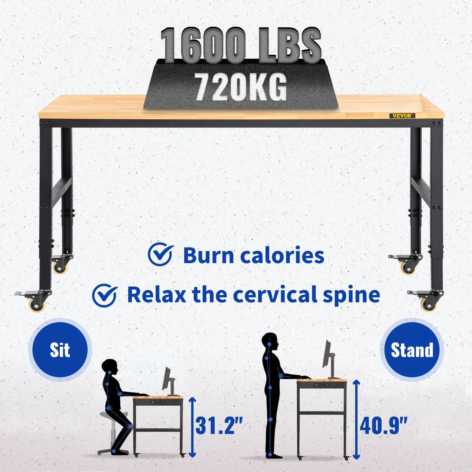 VEVOR Workbench Adjustable Height, 48" L X 20" W X 40.9" H Garage Table ...