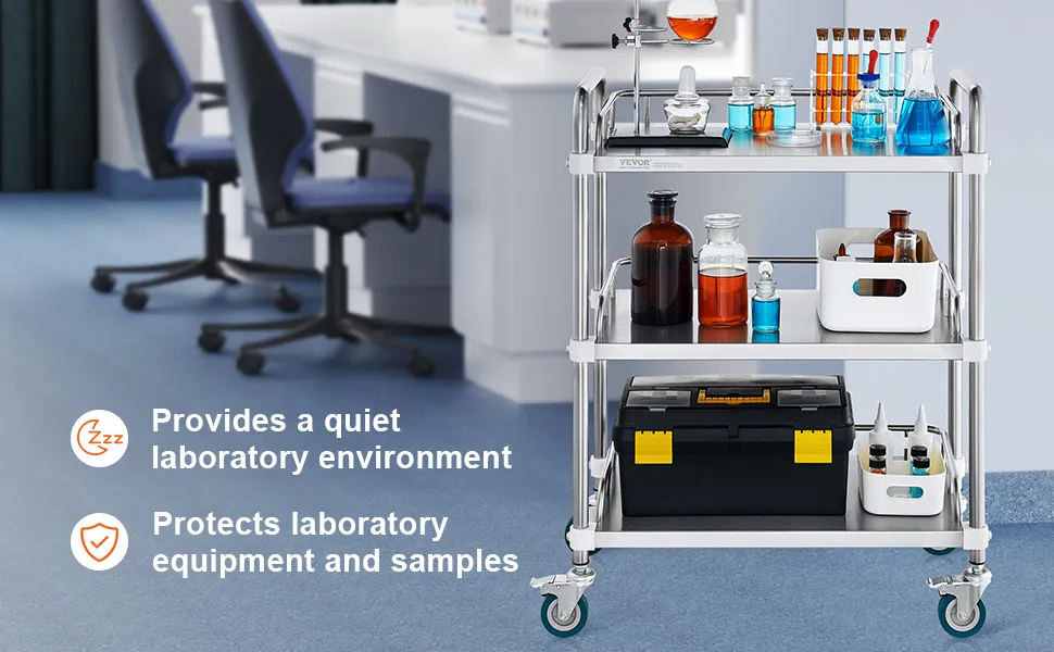 VEVOR Lab Rolling Cart, 3-Shelf Stainless Steel Rolling Cart, Lab ...