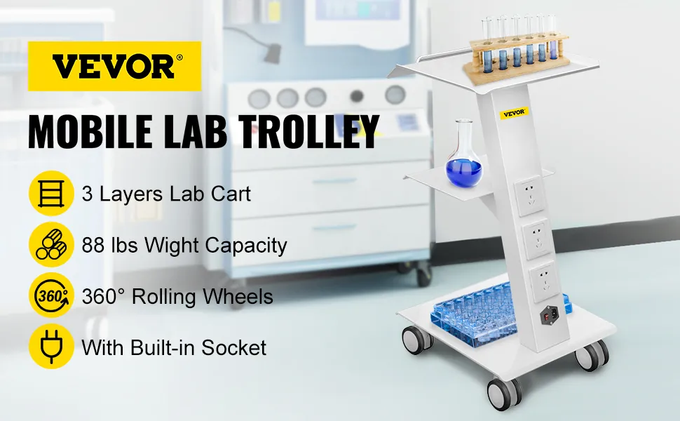 VEVOR Lab Trolley, Built-in Socket Rolling Lab Cart, 3 Layers Tray ...