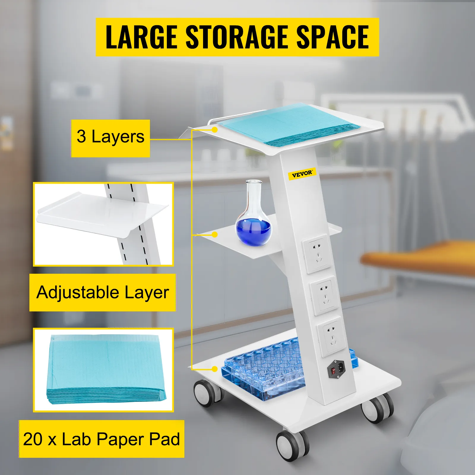 VEVOR Lab Trolley, Built-in Socket Rolling Lab Cart, 3 Layers Tray ...