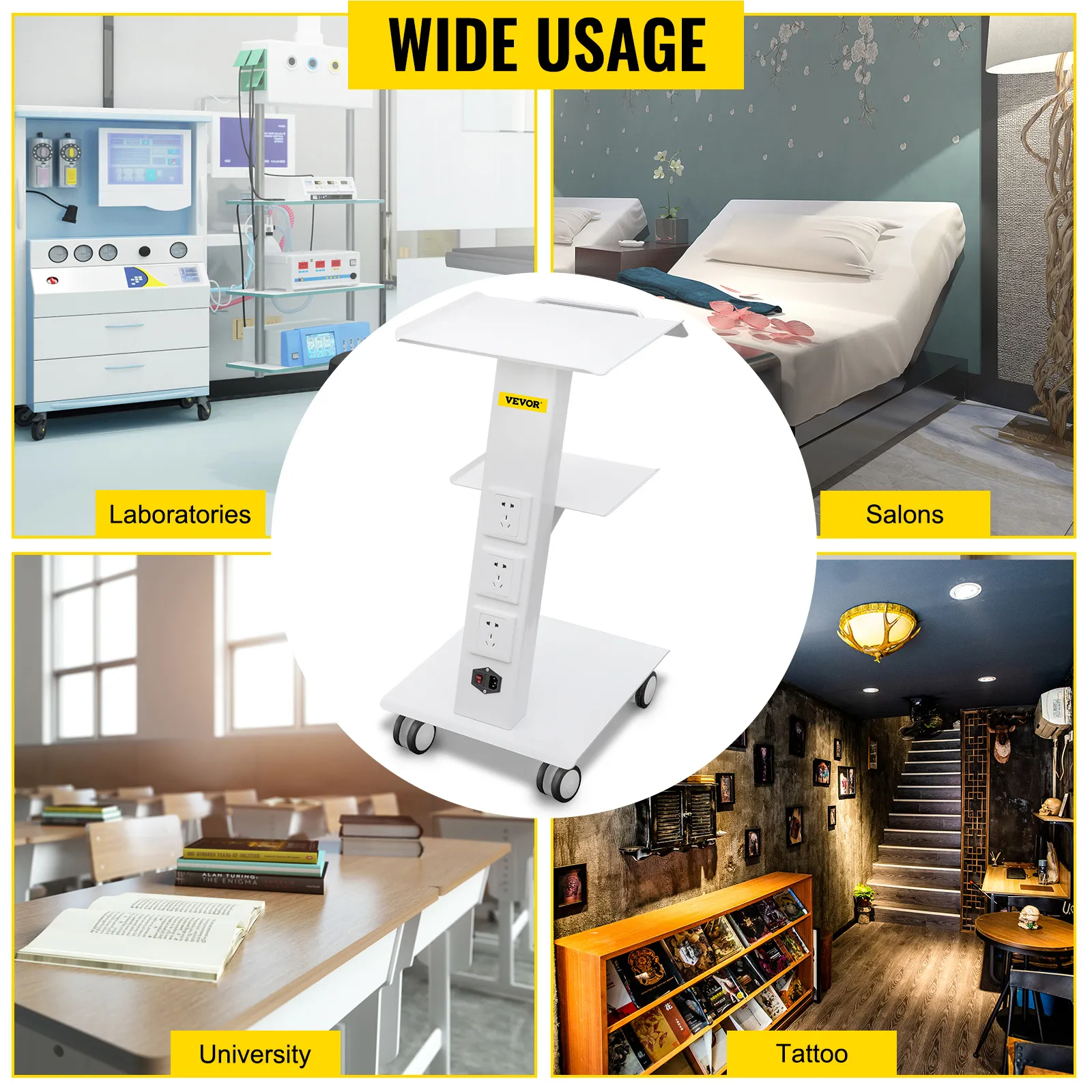 VEVOR Lab Trolley, Built-in Socket Rolling Lab Cart, 3 Layers Tray ...