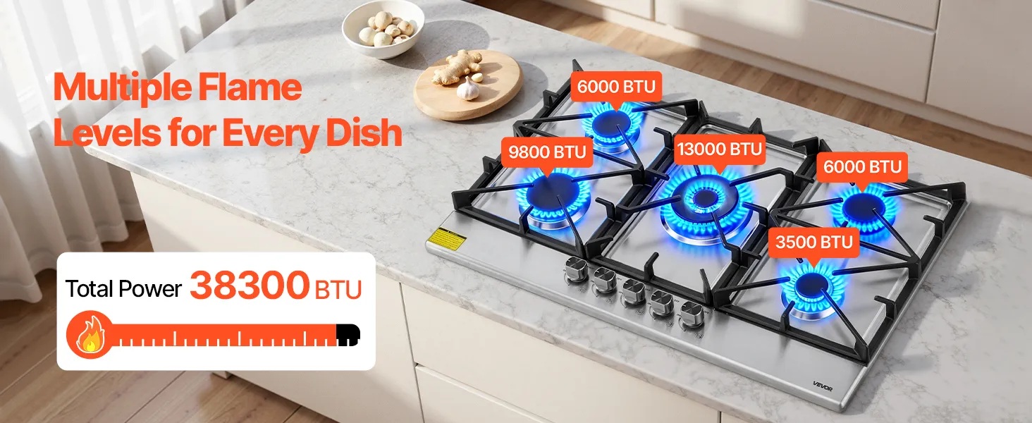 VEVOR 36 inch Gas Cooktop 5 Burners Gas Stove Top, Max 38300BTU Built ...