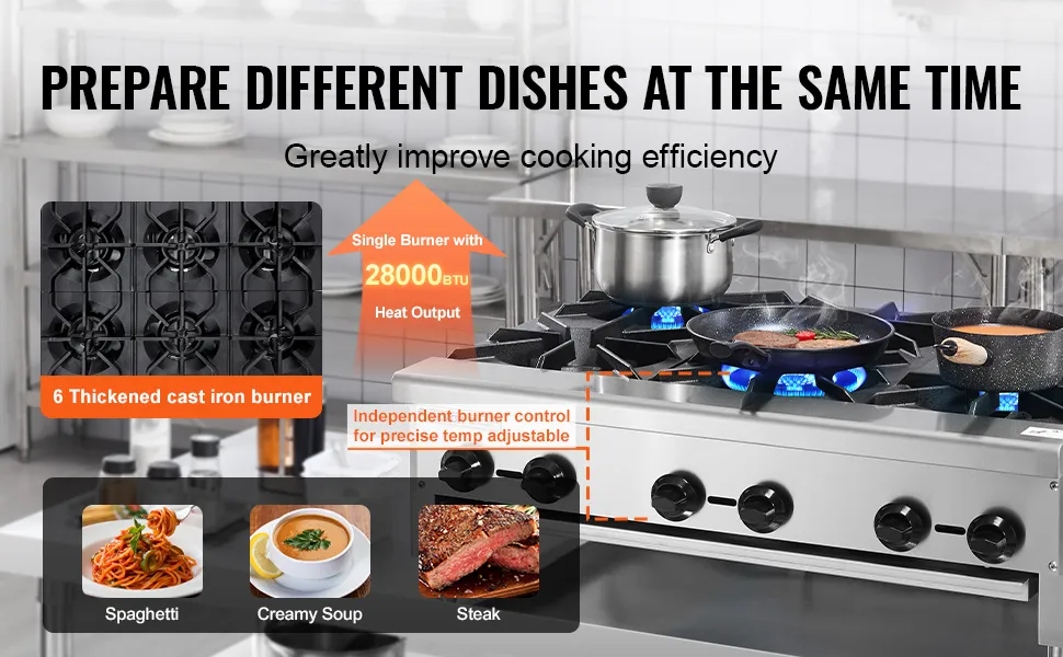 VEVOR Commercial Gas Stove with 6 Burners, Propane and Natural Gas ...