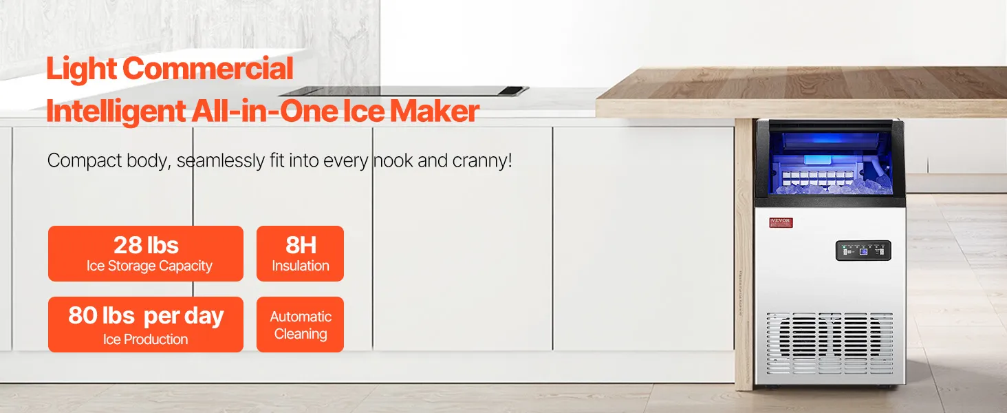 Máquina para fabricar hielo comercial VEVOR, 80 lb/24 h, capacidad de almacenamiento de 28 lb ...