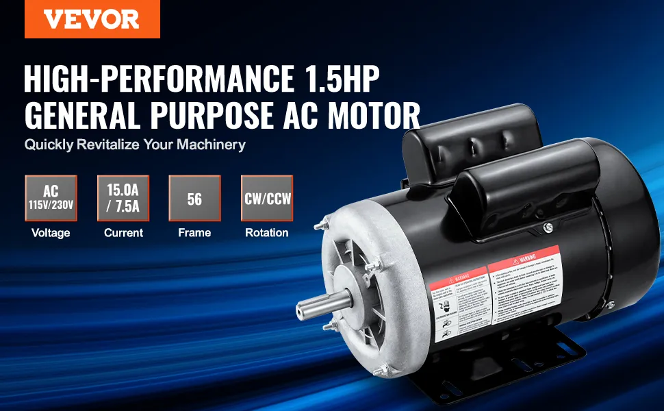 VEVOR 1.5HP Electric Motor 3450 rpm, AC 115V/230V, 56 Frame, Air ...
