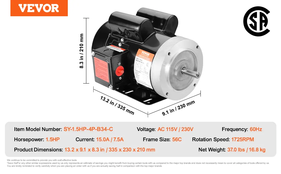 VEVOR 1.5HP Electric Motor 1725 rpm, AC 115V/230V, 56C Frame, Air ...
