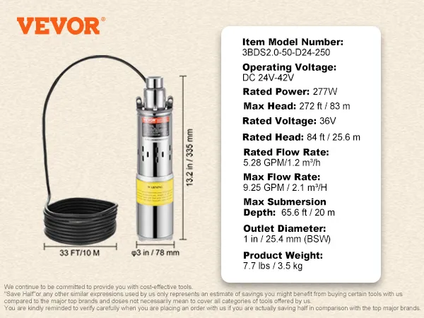 VEVOR Solar Water Pump, DC 277W Submersible Deep Well Pump, Max Flow 2.1 m³/H, Max Head 83 m ...