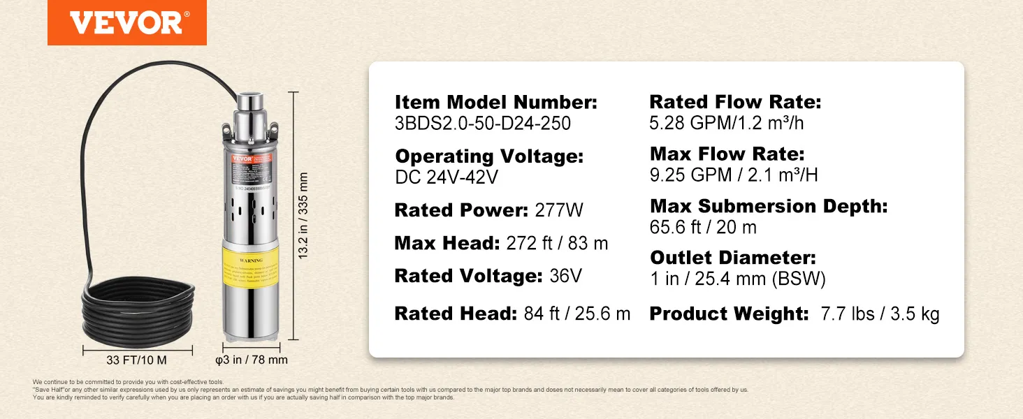 VEVOR Solar Water Pump, 24V DC 277W Submersible Deep Well Pump, Max Flow 9.25 GPM, Max Head 272 ...