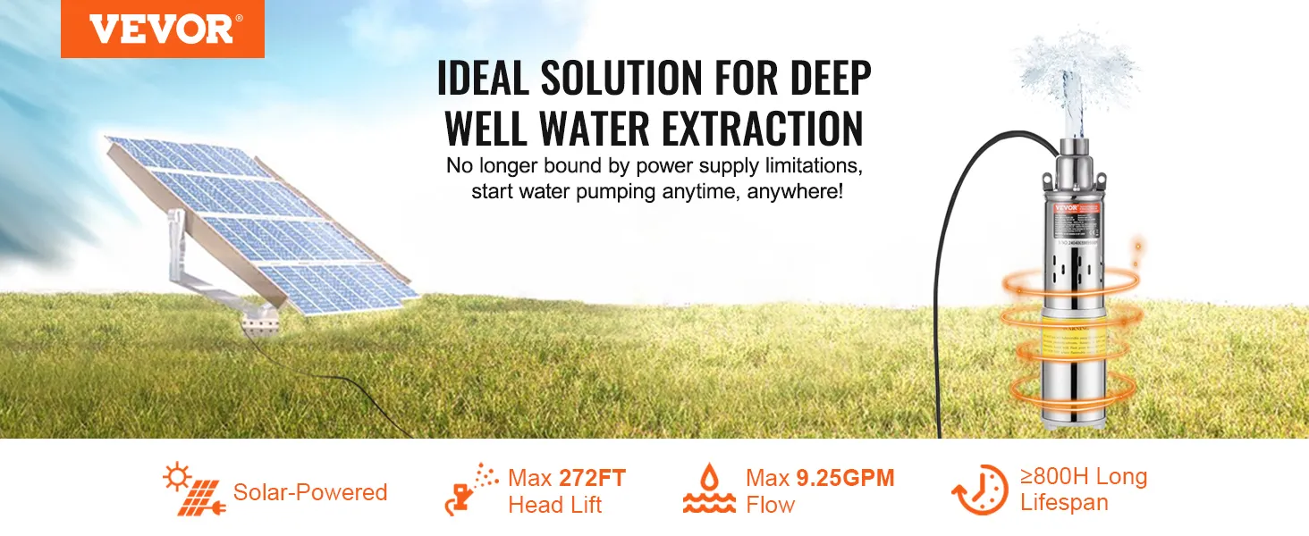 VEVOR Solar Water Pump, 24V DC 277W Submersible Deep Well Pump, Max Flow 9.25 GPM, Max Head 272 ...
