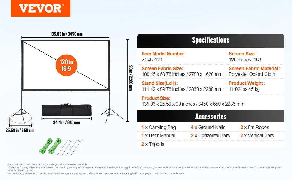 VEVOR Projector Screen with Stand, 120 inch 16:9 4K 1080 HD Outdoor ...