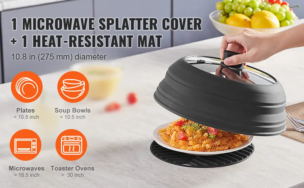 VEVOR Microwave Splatter Cover & Mat, 10.8" Collapsible Microwave Lid ...